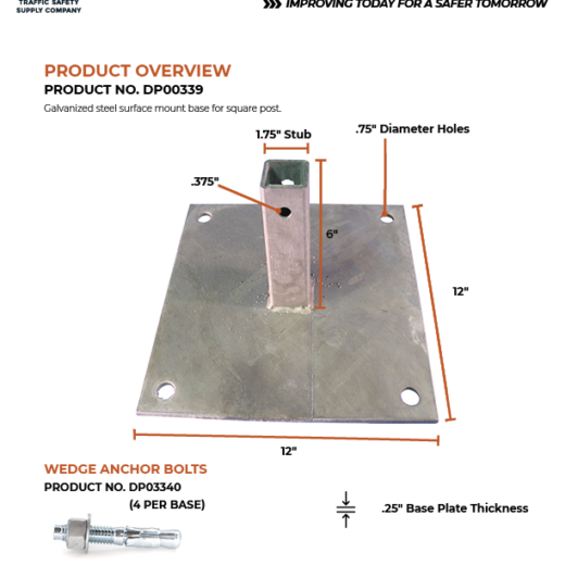 Surface Mounted Base for Square Tube - Traffic Safety Supply Company